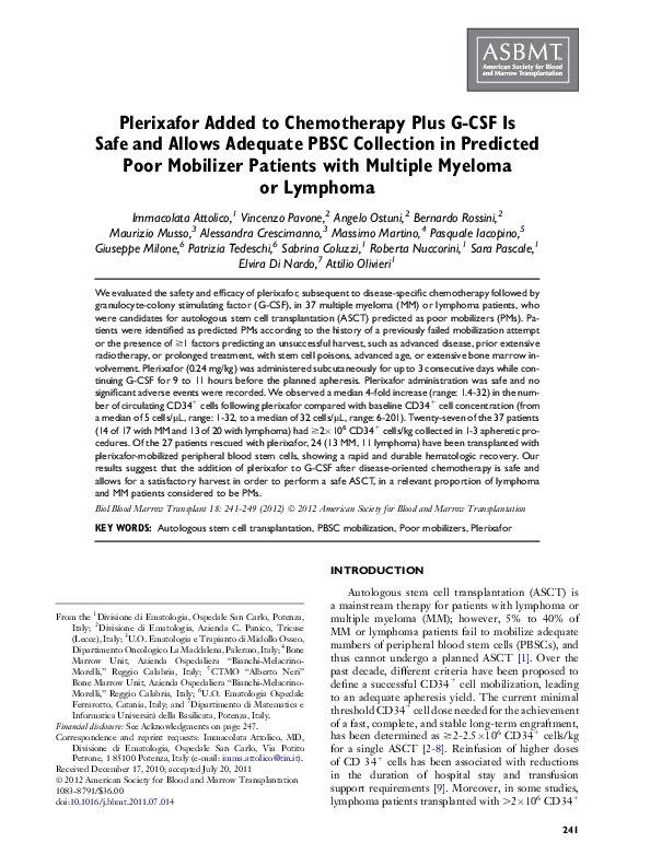 (PDF) Plerixafor Added to Chemotherapy Plus G-CSF Is Safe and Allows ...