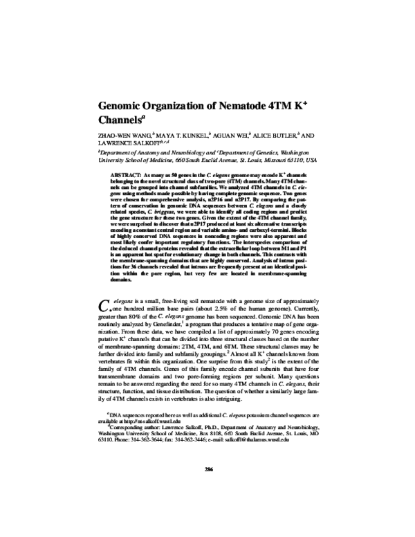 (PDF) Genomic Organization of Nematode 4TM K+ Channelsa