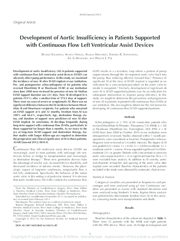 (PDF) Development of Aortic Insufficiency in Patients Supported With Continuous Flow Left ...