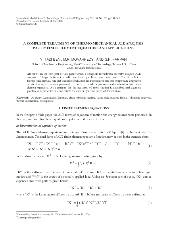 (PDF) A Complete Treatment of Thermo-Mechanical ALE Analysis; Part 2 ...