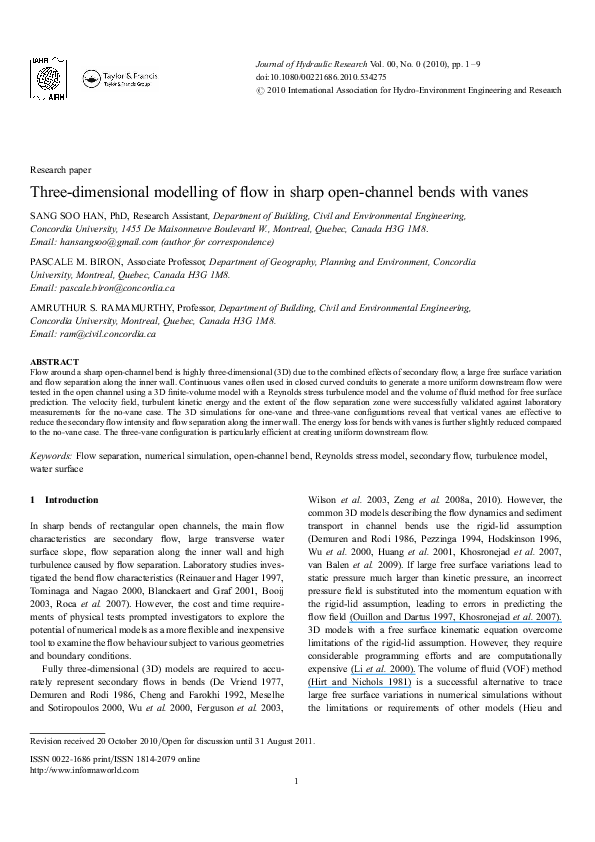 (PDF) Three-dimensional modelling of flow in sharp open-channel bends with vanes