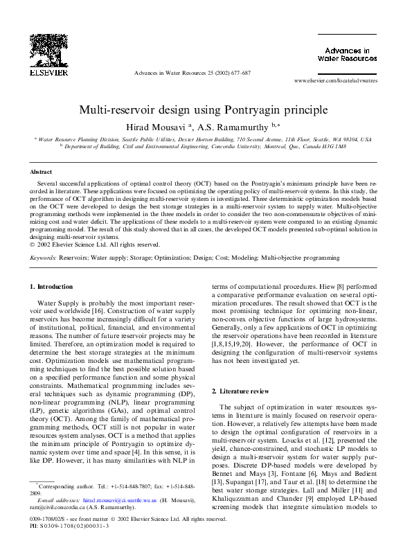 (PDF) Multi-reservoir design using Pontryagin principle