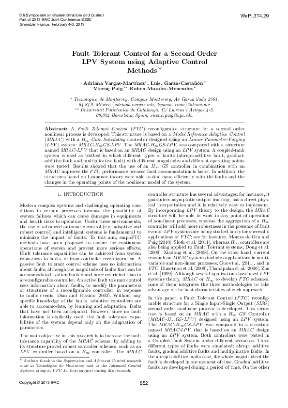 Pdf Fault Tolerant Control For A Second Order Lpv System Using Adaptive Control Methods⋆