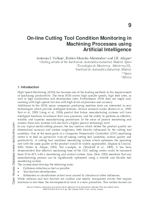 (PDF) On-line Cutting Tool Condition Monitoring in Machining Processes Using Artificial Intelligence