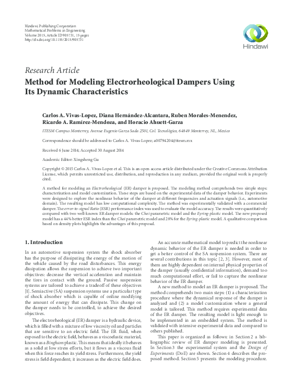 (PDF) Method for Modeling Electrorheological Dampers Using Its Dynamic ...