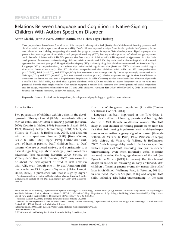 (PDF) Relations Between Language and Cognition in Native-Signing Children With Autism Spectrum ...