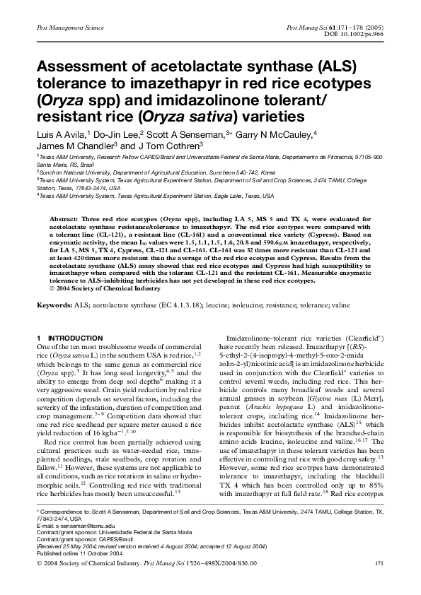 (PDF) Assessment of acetolactate synthase (ALS) tolerance to imazethapyr in red rice ecotypes ...
