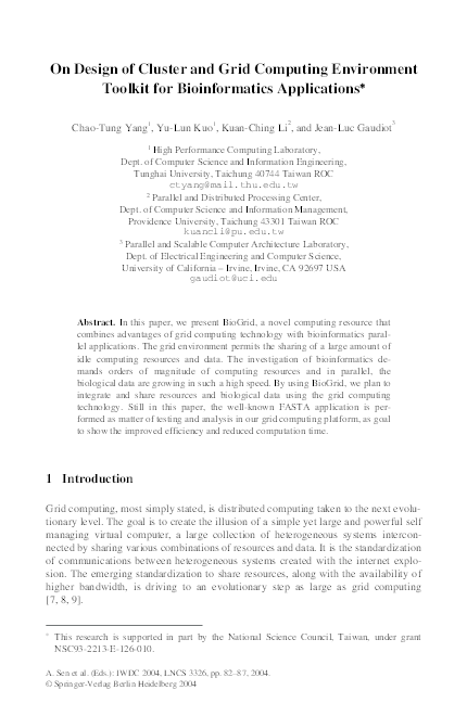 Pdf On Design Of Cluster And Grid Computing Environment Toolkit For Bioinformatics