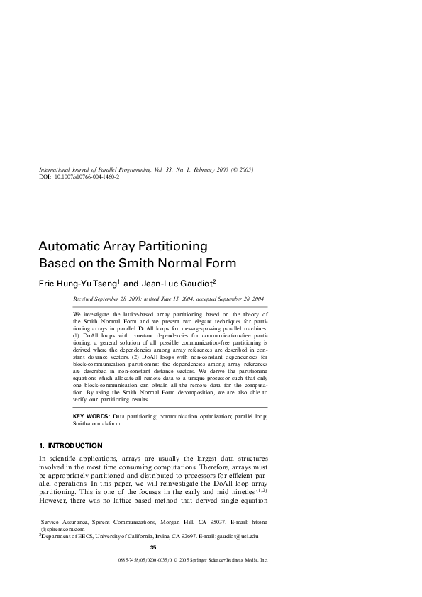 (PDF) Automatic Array Partitioning Based on the Smith Normal Form | Jean-luc Gaudiot - Academia.edu