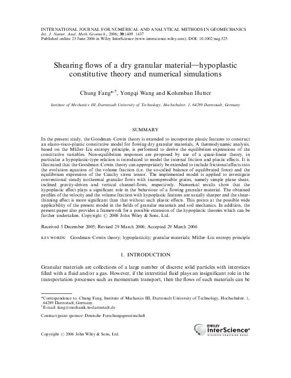 (PDF) Shearing flows of a dry granular material—hypoplastic constitutive theory and numerical ...