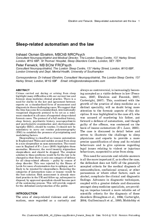 (PDF) Sleep-related automatism and the law