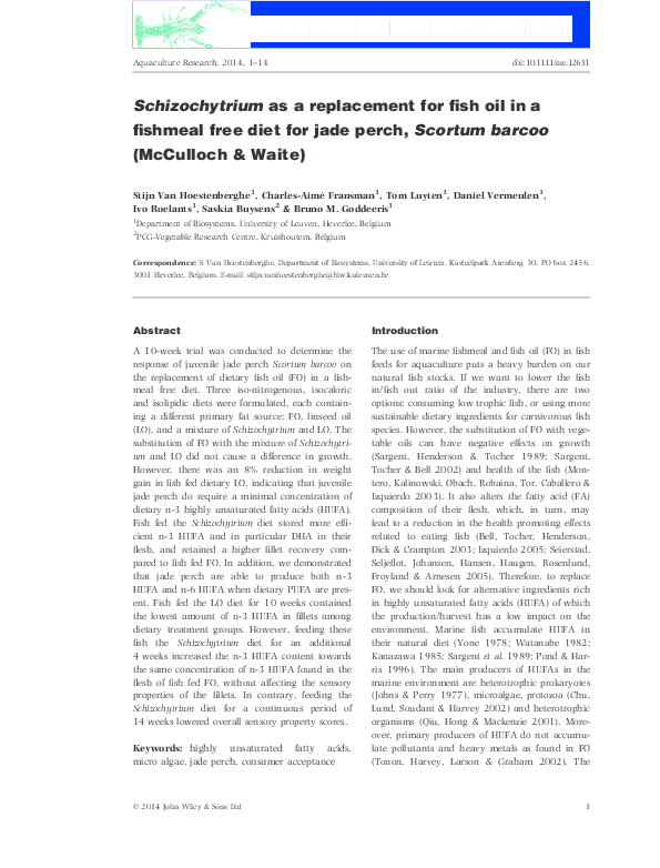 (PDF) Schizochytrium as a replacement for fish oil in a fishmeal free ...