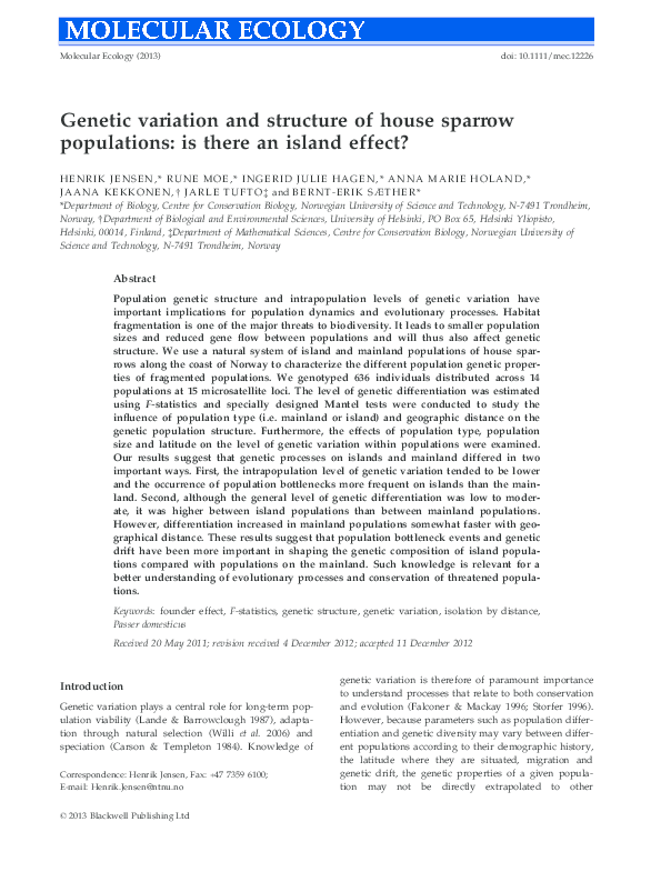 Pdf Genetic Variation And Structure Of House Sparrow Populations Is