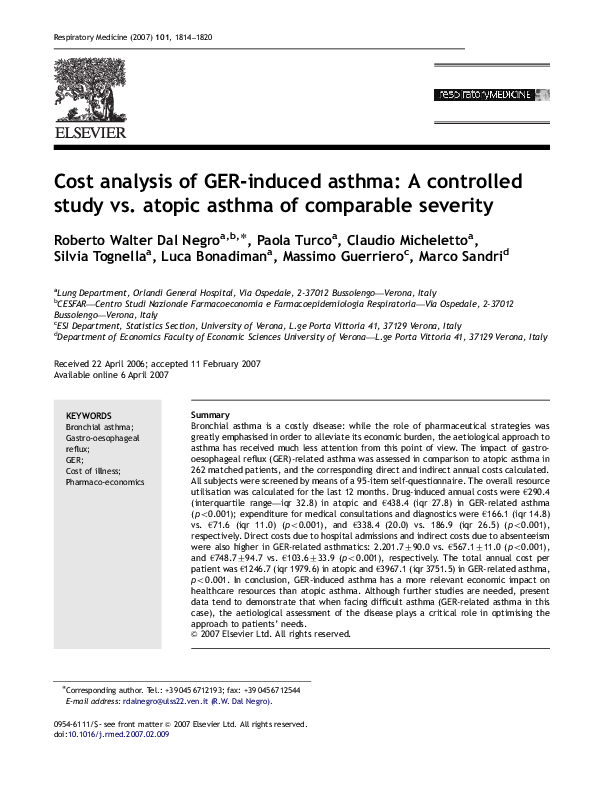 (PDF) Cost analysis of GER-induced asthma: A controlled study vs ...