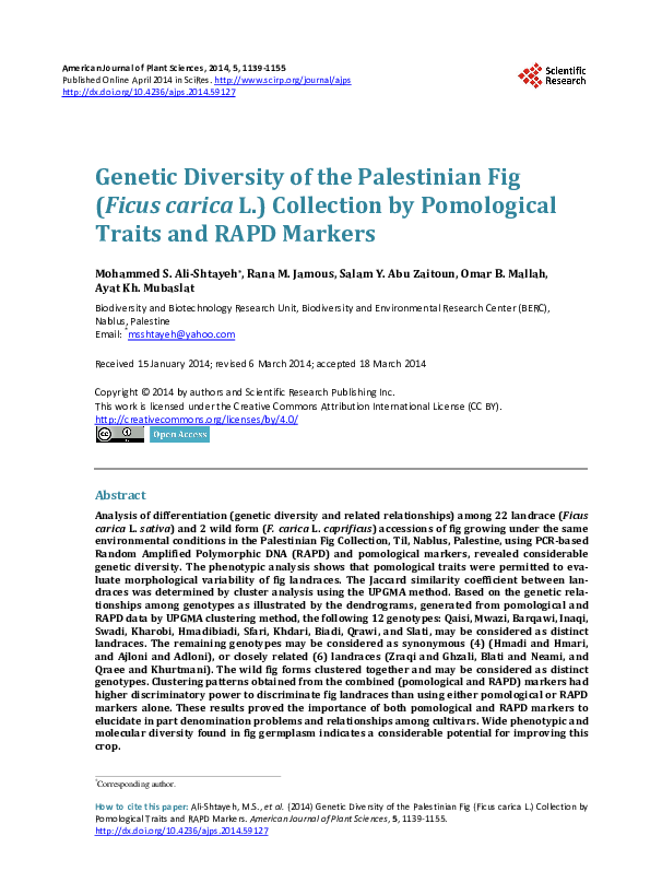(PDF) Genetic Diversity of the Palestinian Fig ( Ficus carica L ...