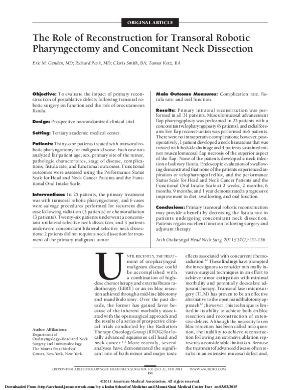 (PDF) The Role of Reconstruction for Transoral Robotic Pharyngectomy ...