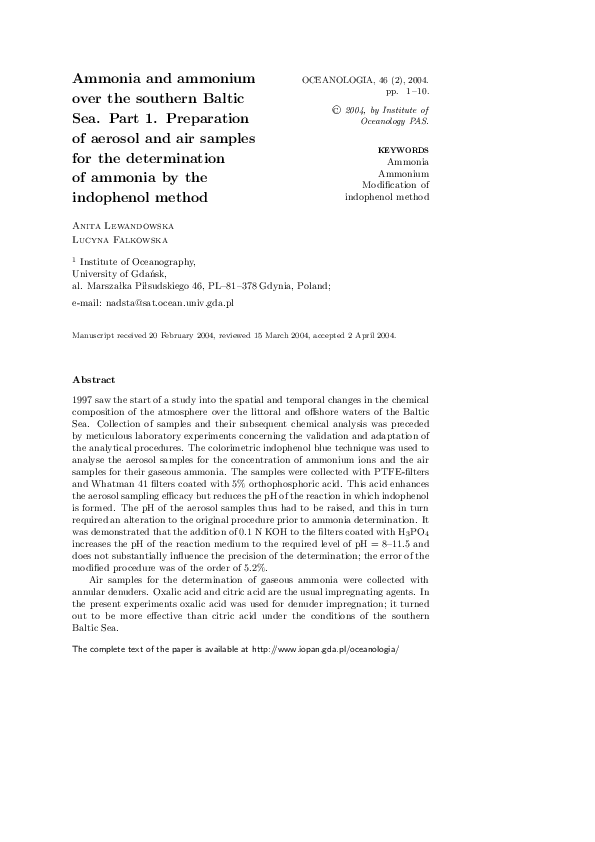 (PDF) Ammonia and ammonium over the southern Baltic Sea. Part 1 ...