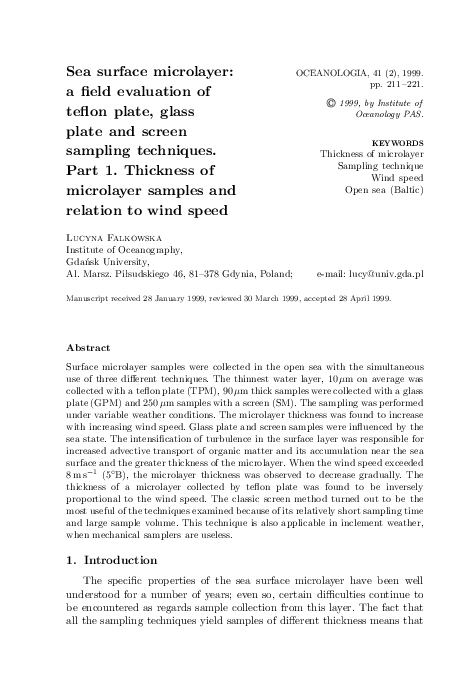 (PDF) Sea surface microlayer: A field evaluation of teflon plate, glass ...