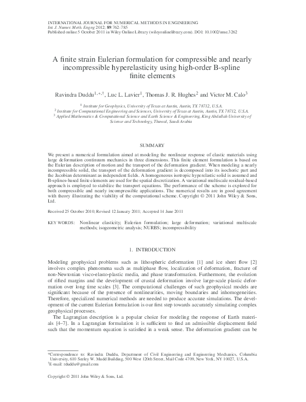 Pdf A Finite Strain Eulerian Formulation For Compressible And Nearly Incompressible