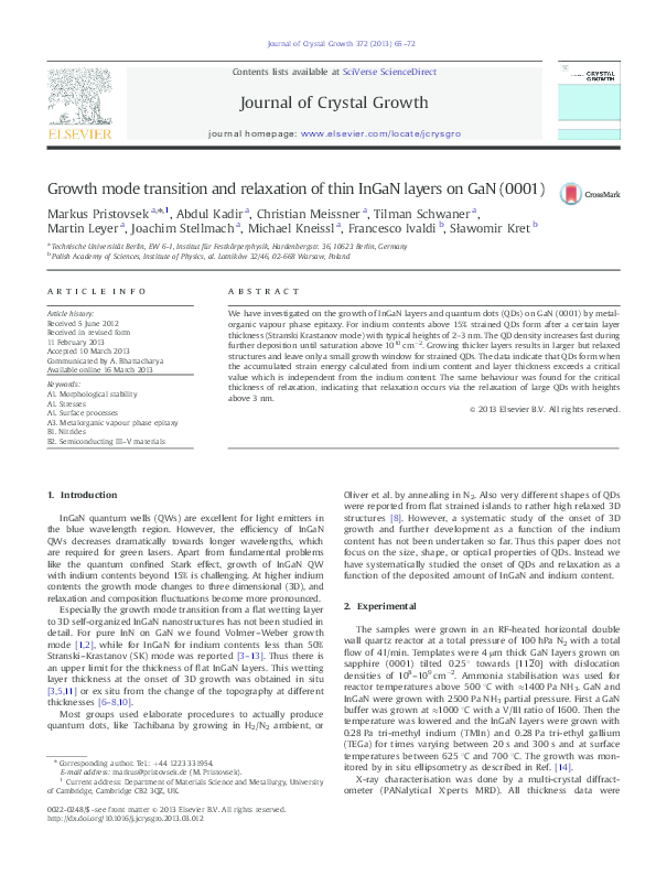 (PDF) Growth mode transition and relaxation of thin InGaN layers on GaN (0001)