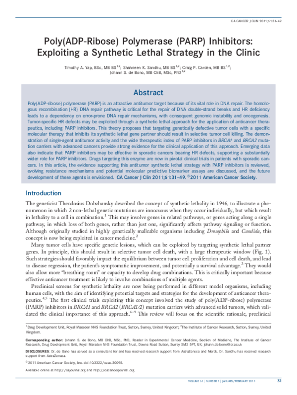 (PDF) Poly(ADP-Ribose) polymerase (PARP) inhibitors: Exploiting a synthetic lethal strategy in ...