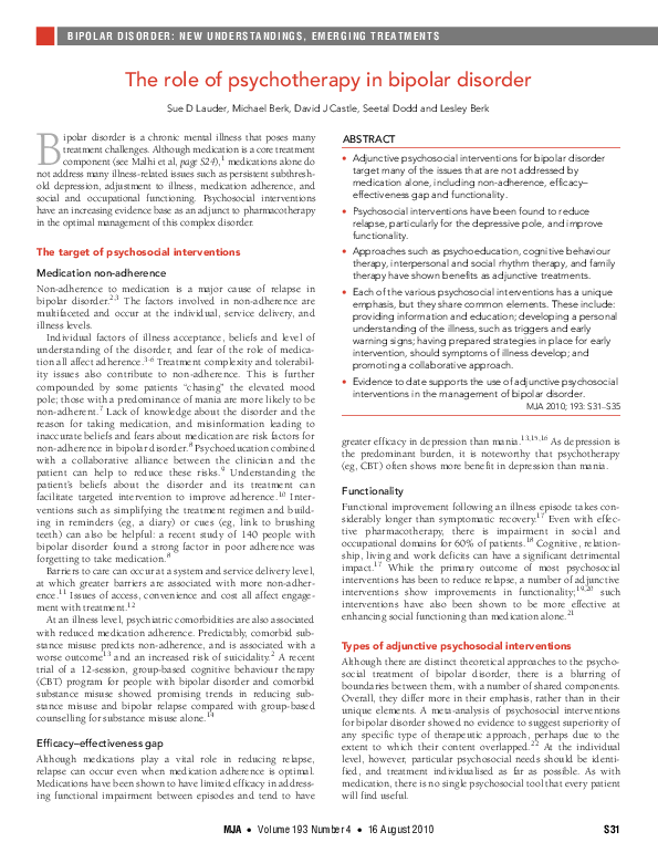 (PDF) The role of psychotherapy in bipolar disorder