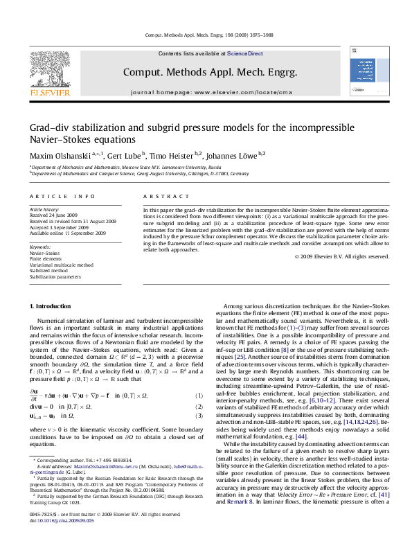 (PDF) Grad–div stabilization and subgrid pressure models for the incompressible Navier–Stokes ...
