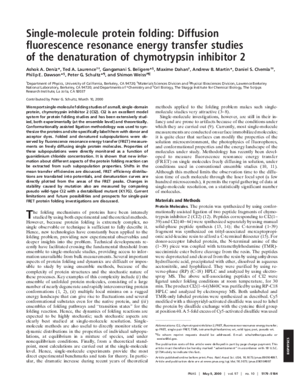 (PDF) Single-molecule protein folding: diffusion fluorescence resonance energy transfer studies ...