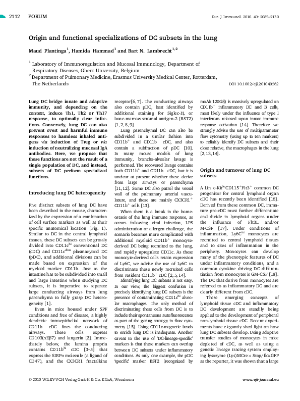 (PDF) Origin and functional specializations of DC subsets in the lung