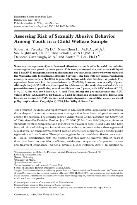 (PDF) Assessing risk of sexually abusive behavior among youth in a ...