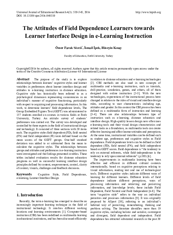 (PDF) The Attitudes of Field Dependence Learners towards Learner Interface Design in e-Learning ...