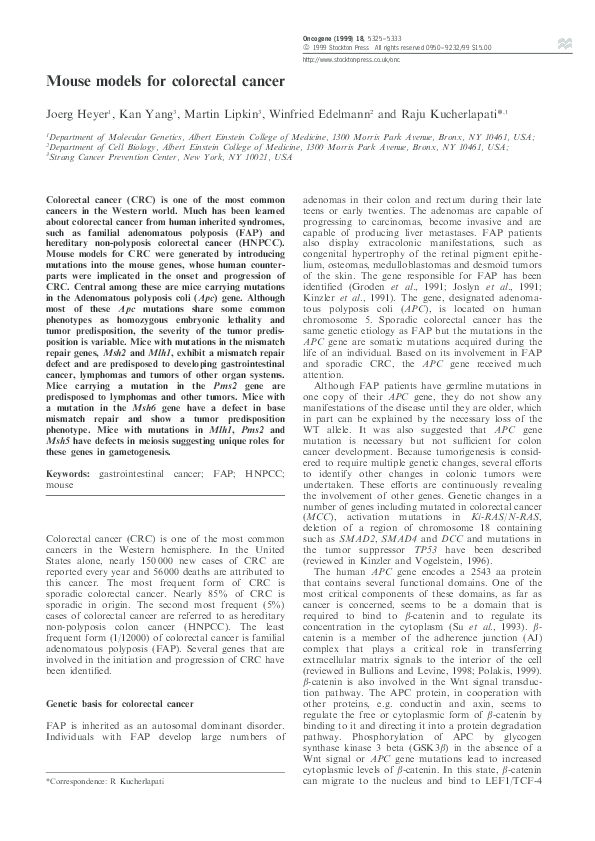 (PDF) Mouse models for colorectal cancer