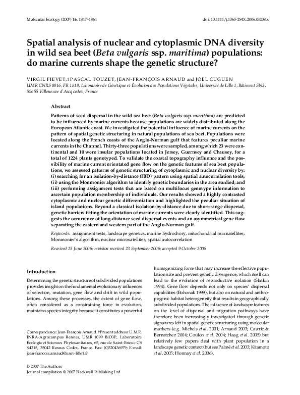 (PDF) Spatial analysis of nuclear and cytoplasmic DNA diversity in wild sea beet (Beta vulgaris ...
