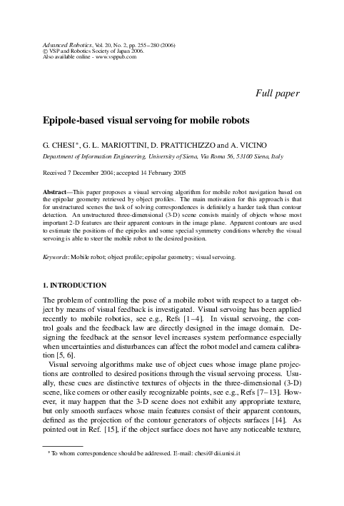 (PDF) Epipole-based visual servoing for mobile robots
