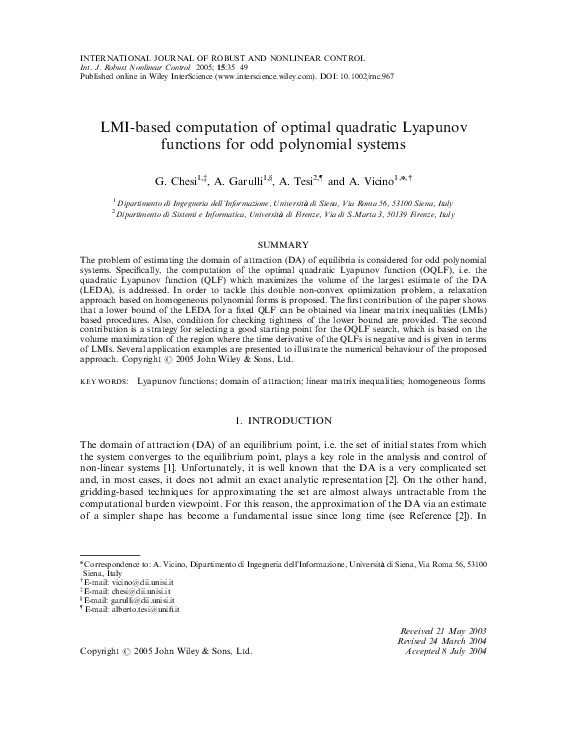 Pdf Lmi Based Computation Of Optimal Quadratic Lyapunov Functions For