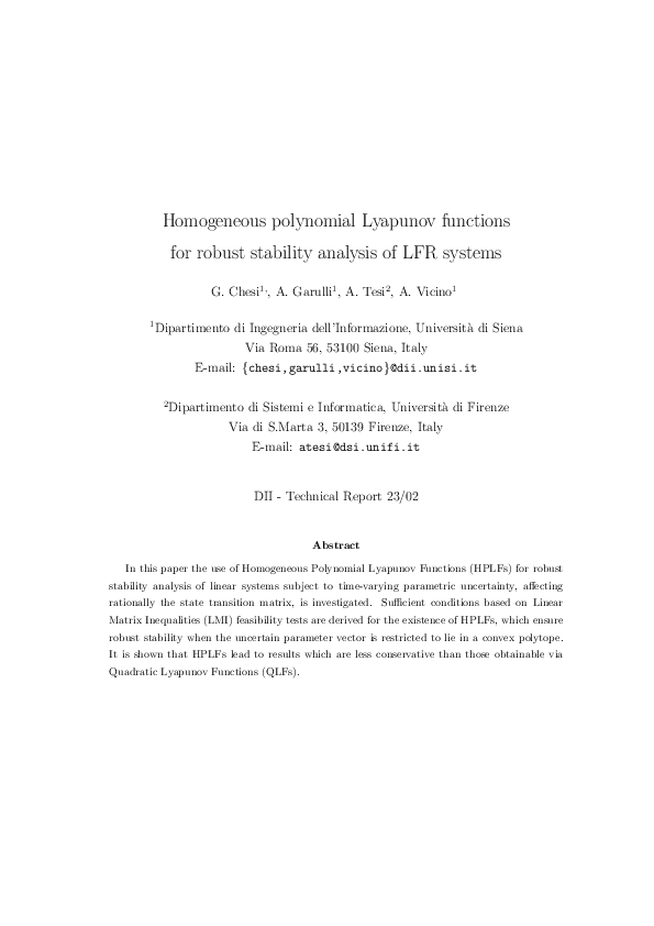 (PDF) Homogeneous polynomial Lyapunov functions for robust stability analysis of LFR systems