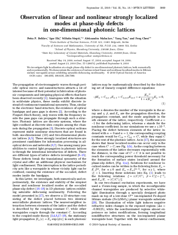 (PDF) Observation of linear and nonlinear strongly localized modes at phase-slip defects in one ...