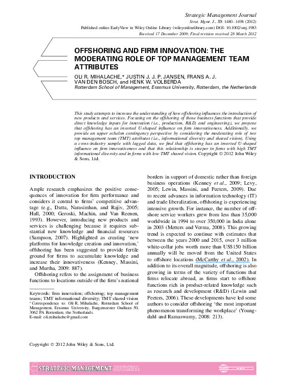 (PDF) Offshoring and firm innovation: The moderating role of top ...
