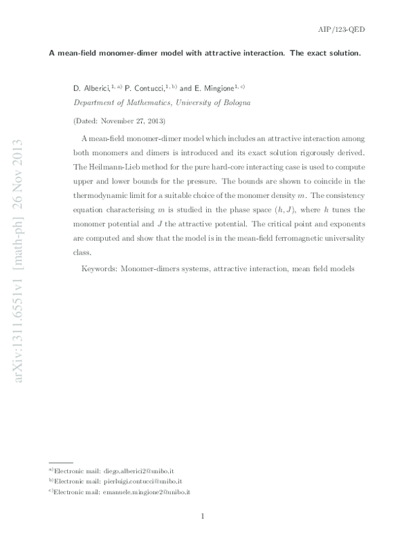 Pdf A Mean Field Monomer Dimer Model With Attractive Interaction Exact Solution And Rigorous