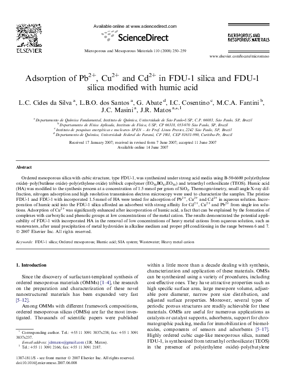 (PDF) Adsorption of Pb2+, Cu2+ and Cd2+ in FDU-1 silica and FDU-1 silica modified with humic acid