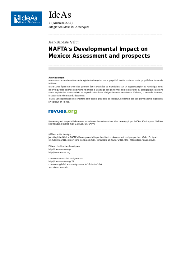 (PDF) NAFTA's Developmental Impact on Mexico: Assessment and prospects