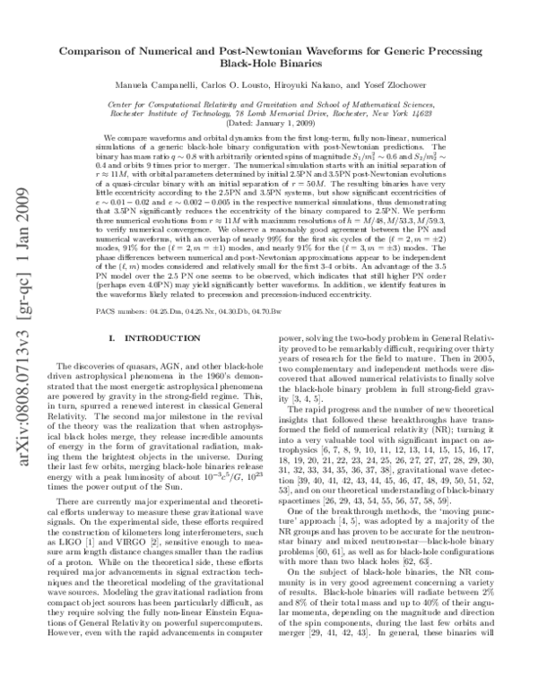 Pdf Comparison Of Numerical And Post Newtonian Waveforms For Generic
