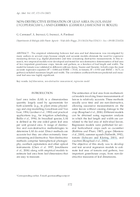 (PDF) Non-destructive estimation of leaf area in tomato (Solanum lycopersicum L.) and gerbera ...