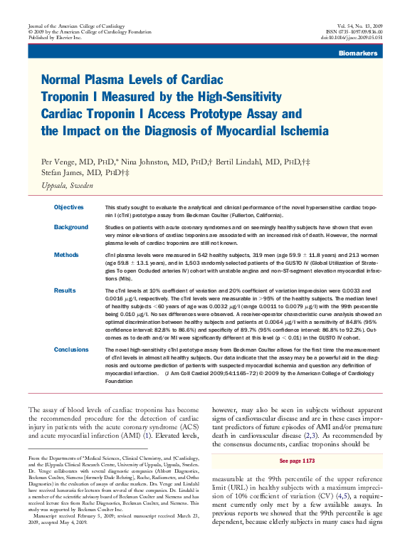 (PDF) Normal Plasma Levels of Cardiac Troponin I Measured by the High ...