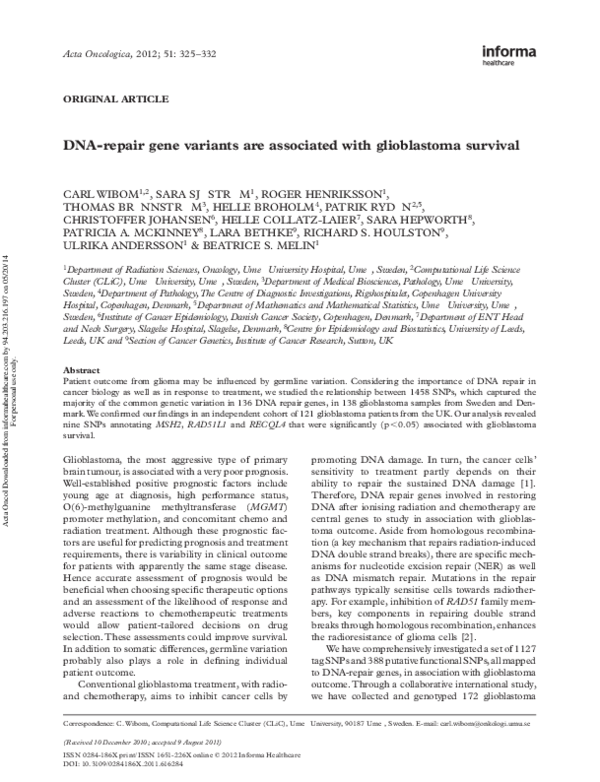 (PDF) DNA-repair gene variants are associated with glioblastoma survival