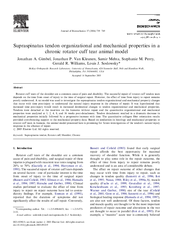 (PDF) Supraspinatus tendon organizational and mechanical properties in ...