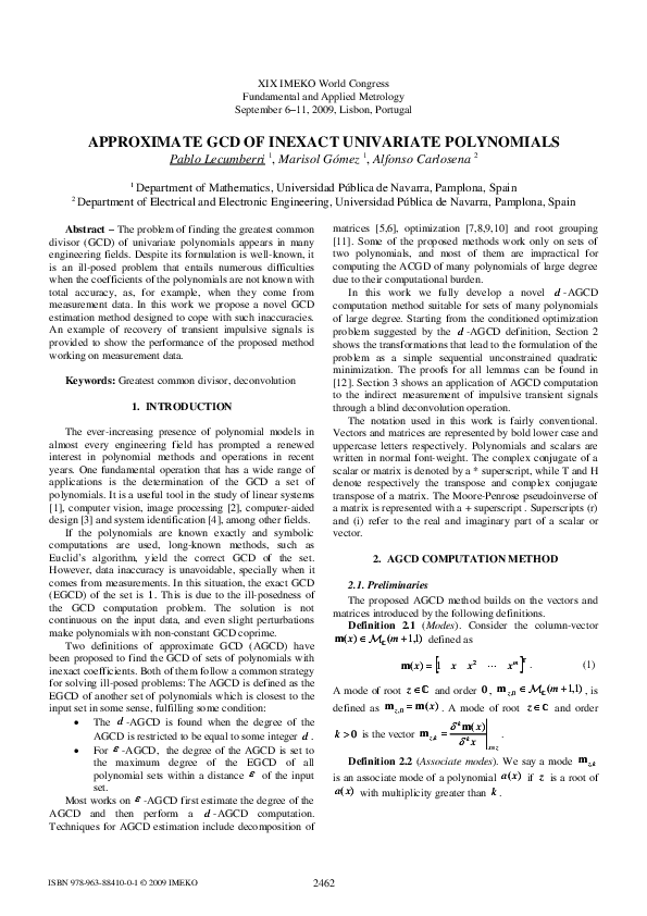 (PDF) Approximate GCD of Inexact Univariate Polynomials
