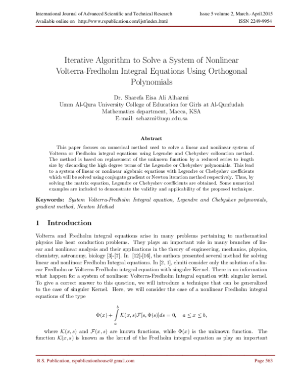 Pdf Iterative Algorithm To Solve A System Of Nonlinear Volterra Fredholm Integral Equations 