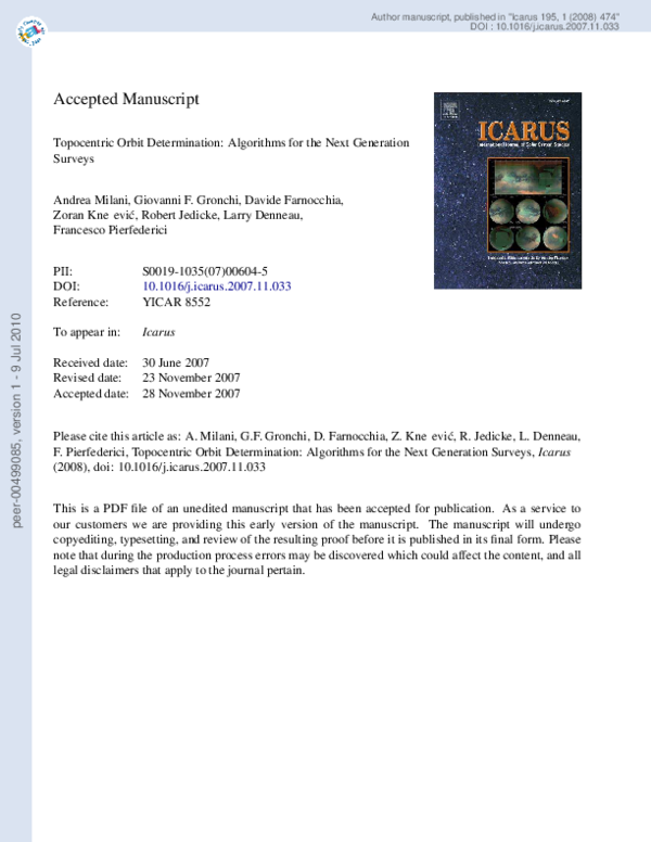 Pdf Topocentric Orbit Determination Algorithms For The Next