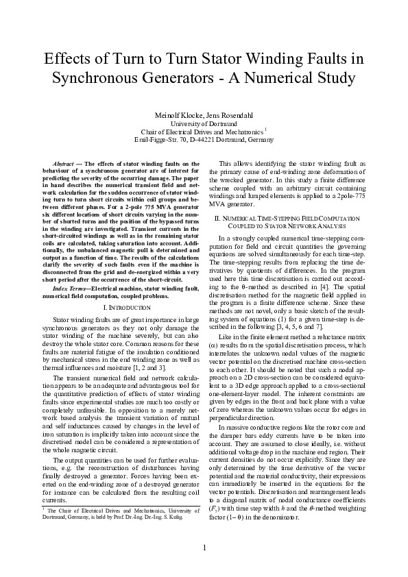 (PDF) Effects of Turn to Turn Stator Winding Faults in Synchronous Generators - A Numerical Study